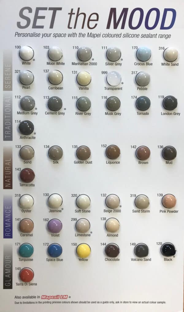 Mapei Mapesil Solvent-Free Silicone Sealant Colour Chart at Alexandra ...